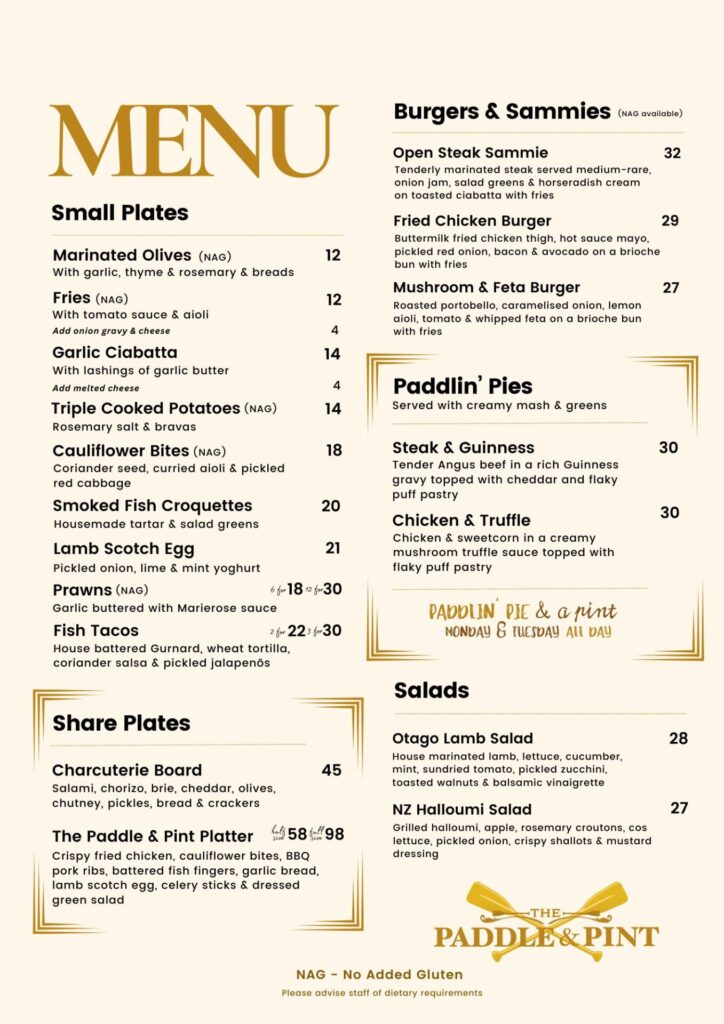 Menu | The Paddle & Pint