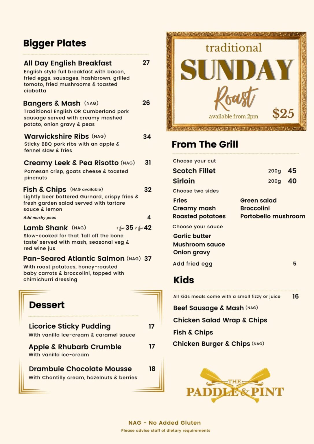 Menu | The Paddle & Pint